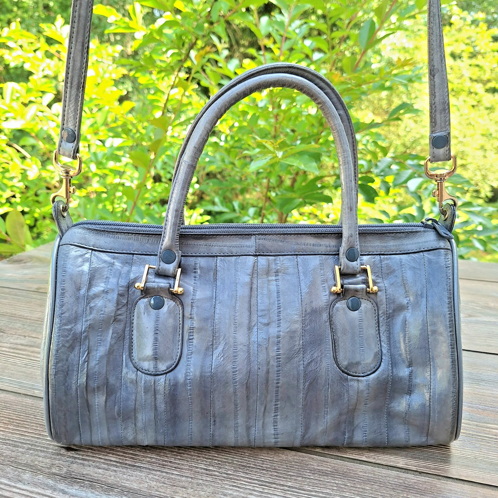 Genuine Eel Skin Satchel Handbag Crossbody Purse Gray… - Gem
